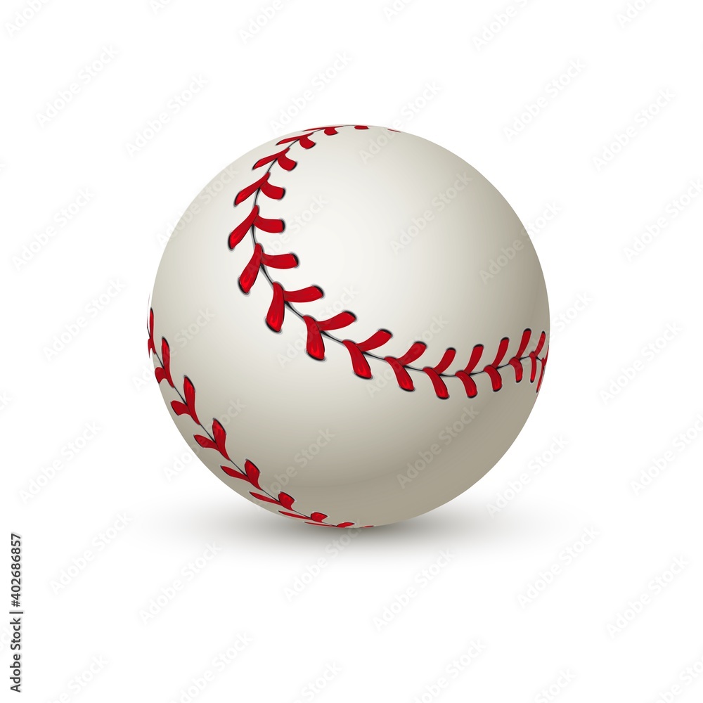 Realistic baseball ball. Leather 3D white softball. Curved shot with ...