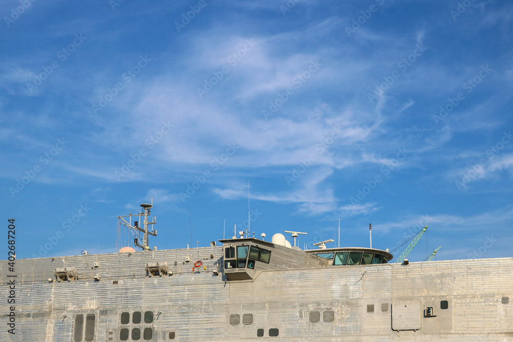 USS ship, Military ship mooring waiting Maintenance and Repair closeup ...