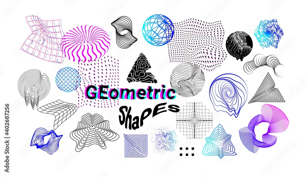 Digital shapes. Abstract cyberpunk graphic elements. Decorative flowing ...