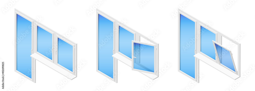 Set of isometric vector illustrations metal plastic PVC balcony doors ...