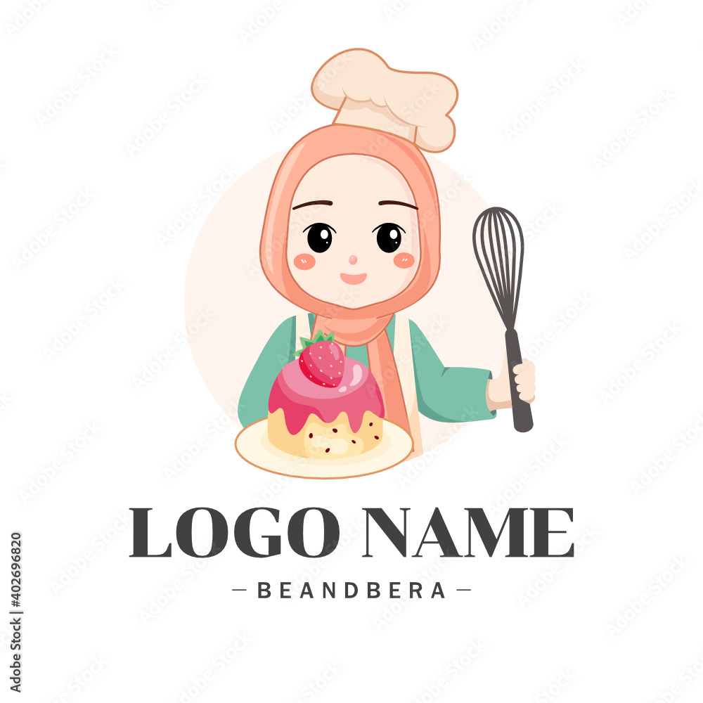 Cute bakery muslim female chef holding a cake smiling cartoon art ...