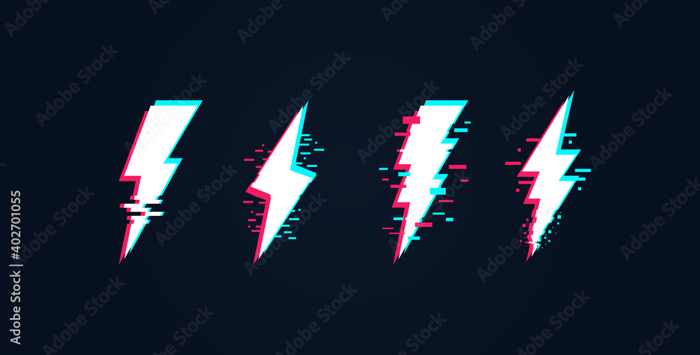 Vecteur Stock Vector set of lightnings with glitch effect. Thunderbolt ...