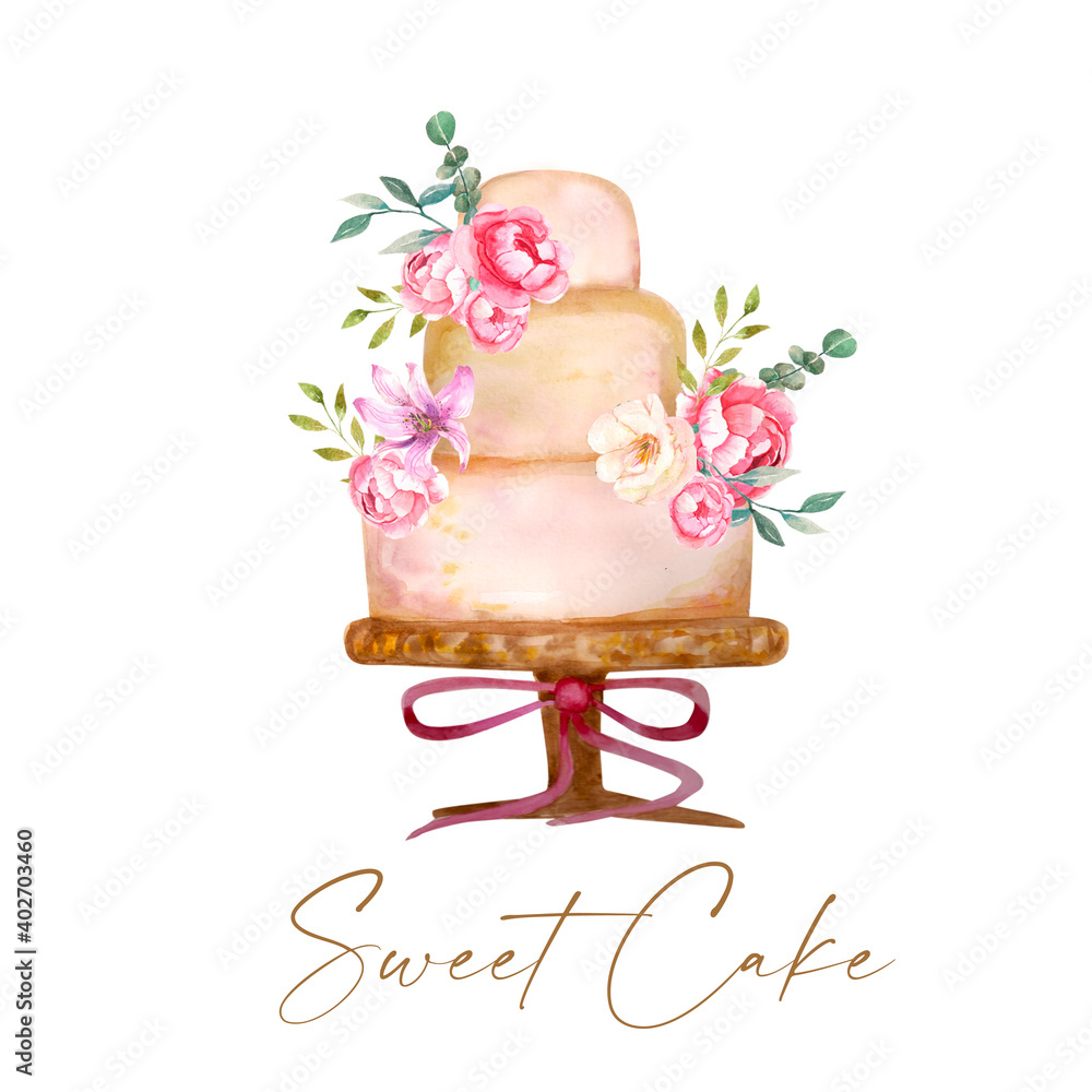 Watercolor illustration. Drawing of a light cake with pink peonies ...