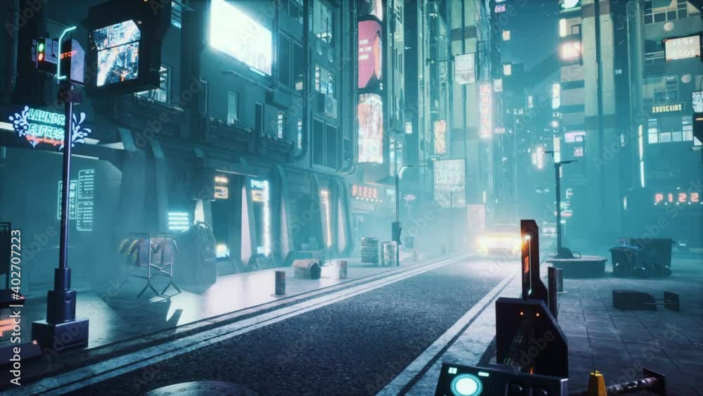 Flying cars rush along the neon night street of the city of the future ...