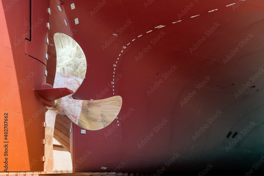 industry shipyard, Close up Rudder with Propeller at stern of big ship ...