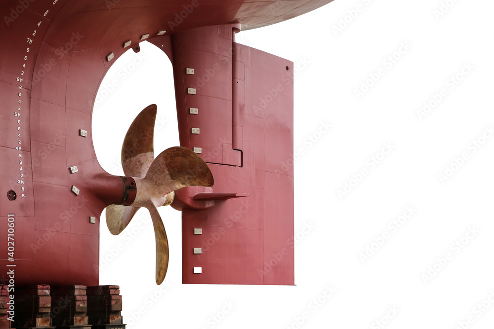 Shipyard Stern ship close up propeller, rudder and shafting isolated on ...