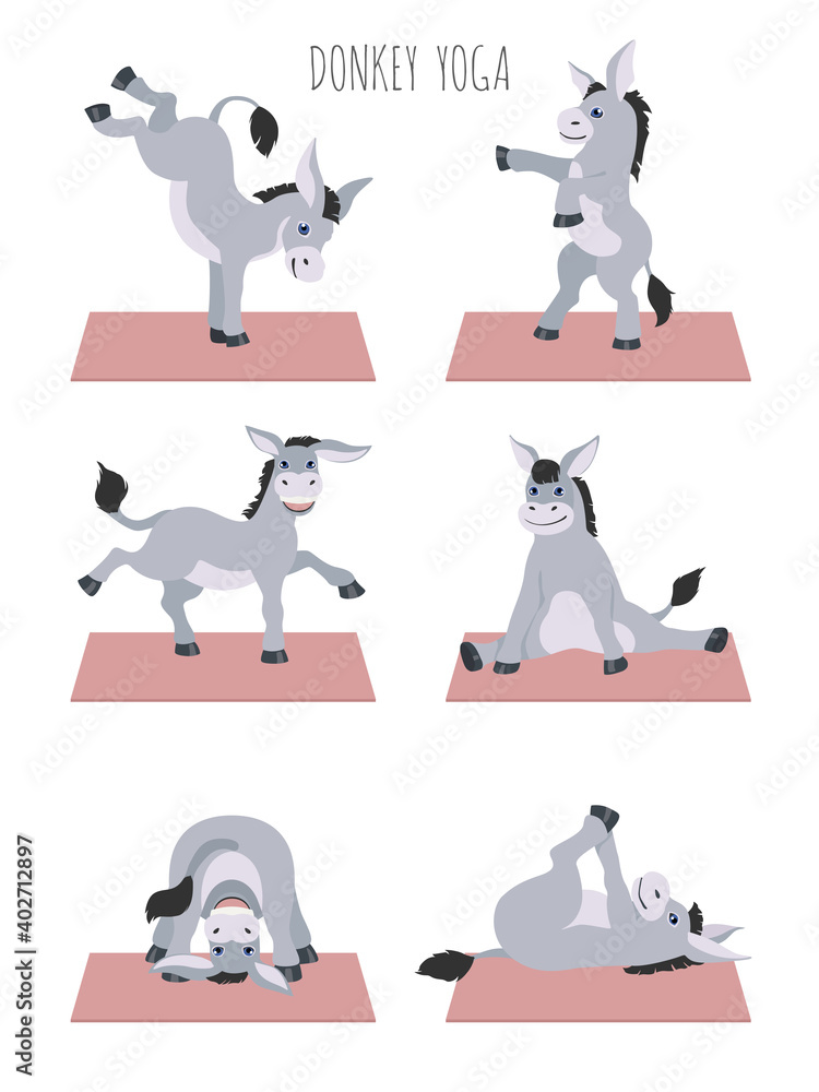 Donkey yoga poses and exercises. Cute cartoon clipart set Stock Vector ...