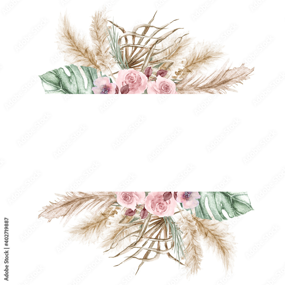 Watercolor boho exotic border beige frame. Tropical dried palm leafe ...