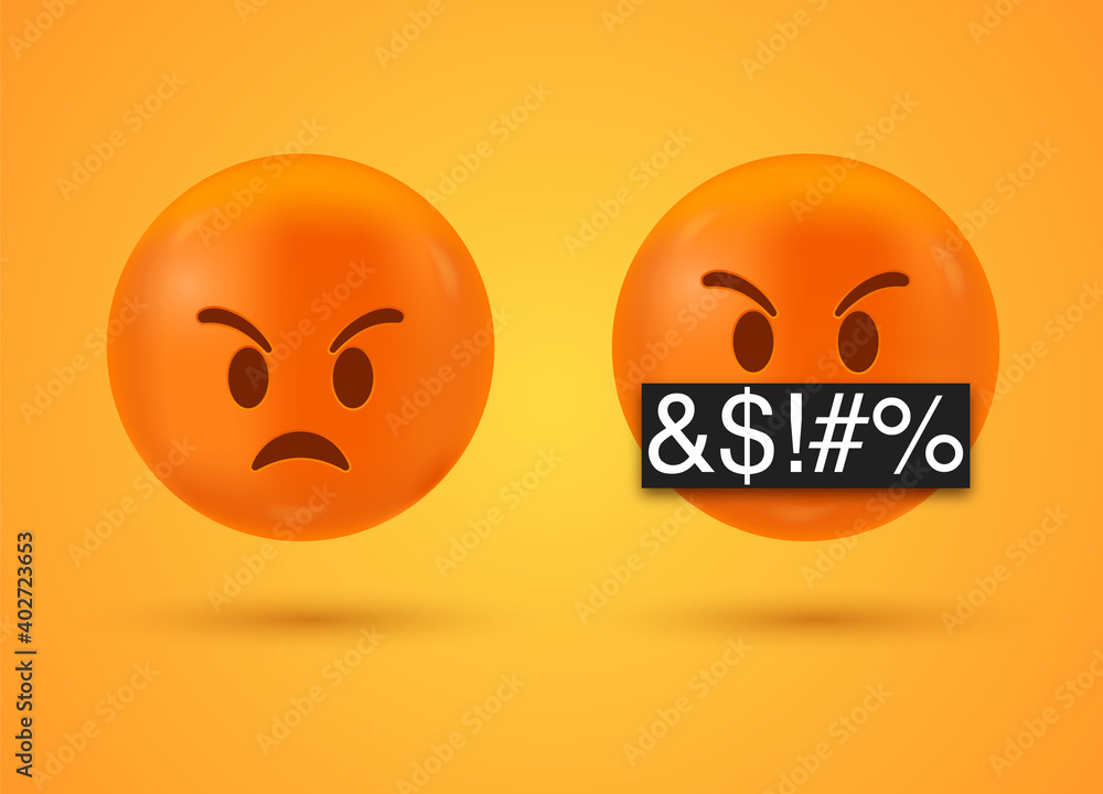 3d Red Angry emoji Face, emoticon Face with Symbols Over Mouth, Serious ...