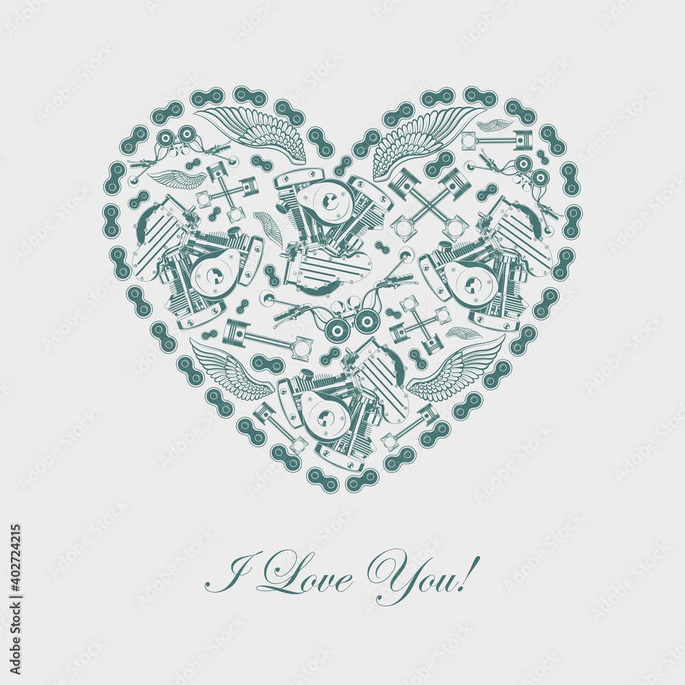 Heart made from moto elements. Engine, motorcycle handlebars, pistons ...