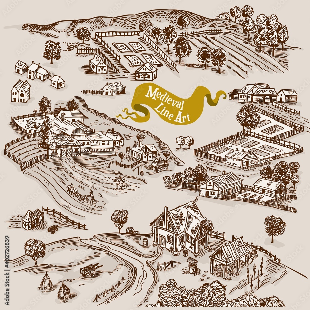 Medieval map elements engraving and woodcut style vector cartography ...