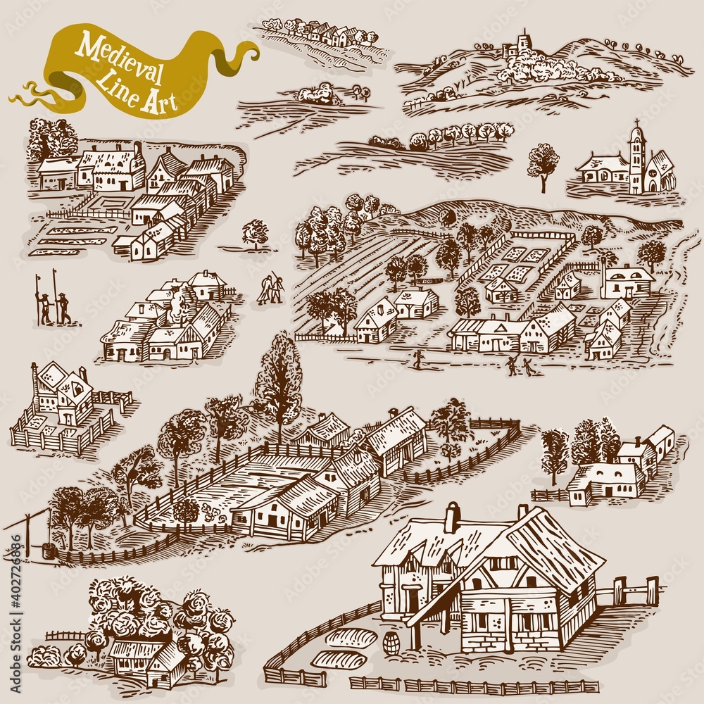 Medieval map elements engraving and woodcut style vector cartography ...