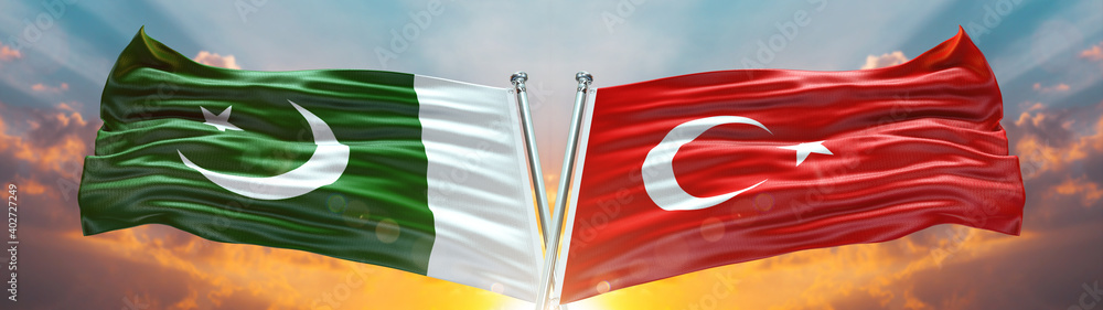 Double Flag Turkey vs Pakistan flag waving flag with texture sky clouds ...