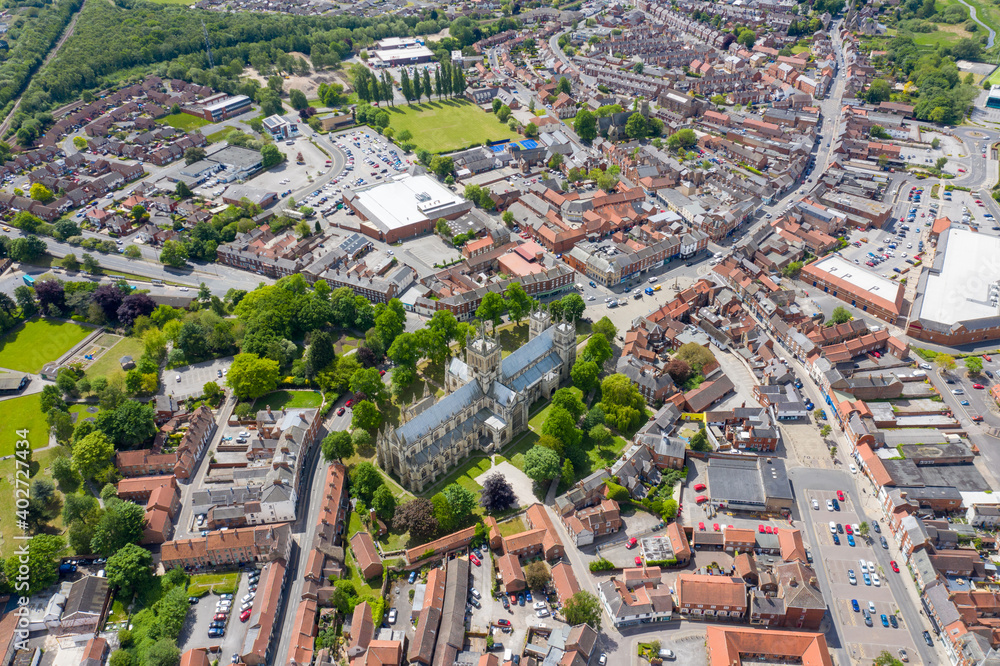 Aerial photo of the historical Selby Abbey in the town of Selby in York ...