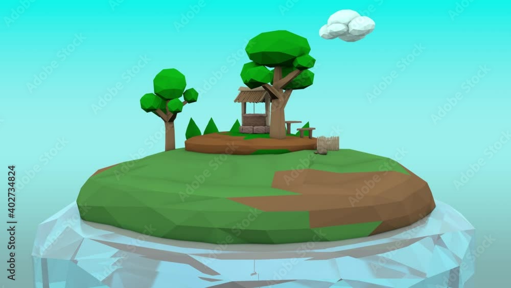 3d animation of a low-poly plot of land with a well and water. Loop ...