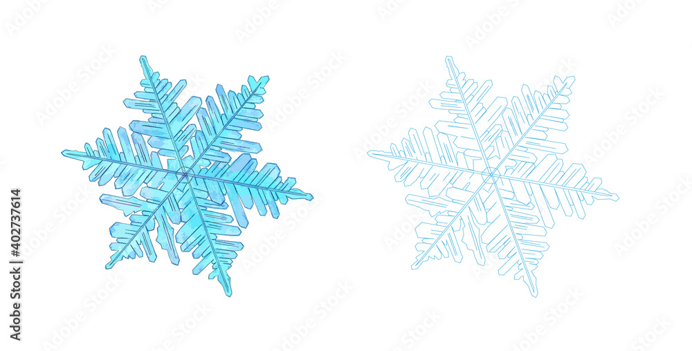 Hand drawn watercolour illustration of dark and light blue snowflake ...
