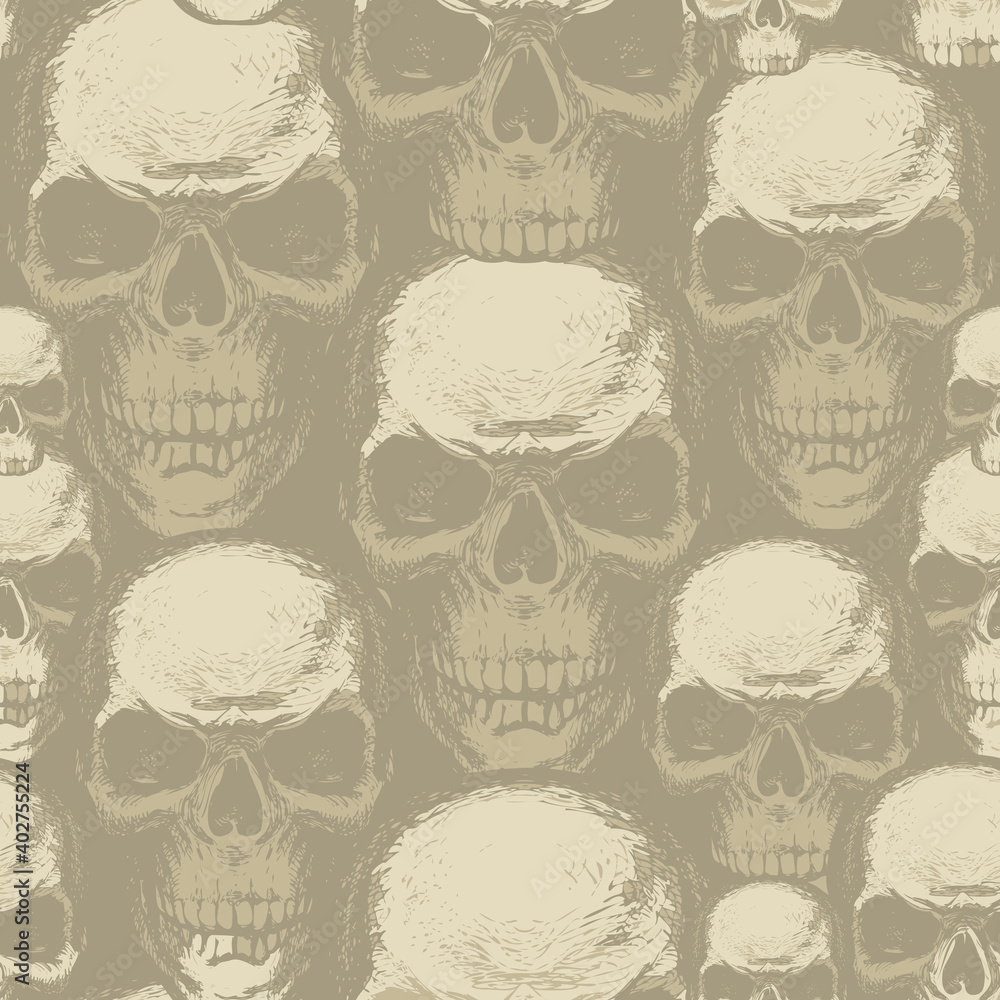 Seamless pattern with human skulls. Vector background with hand-drawn ...