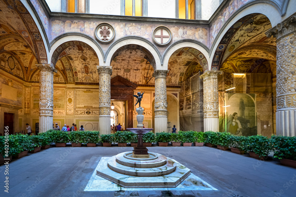 The first courtyard of the Palazzo Vecchio in Florence Italy with a ...