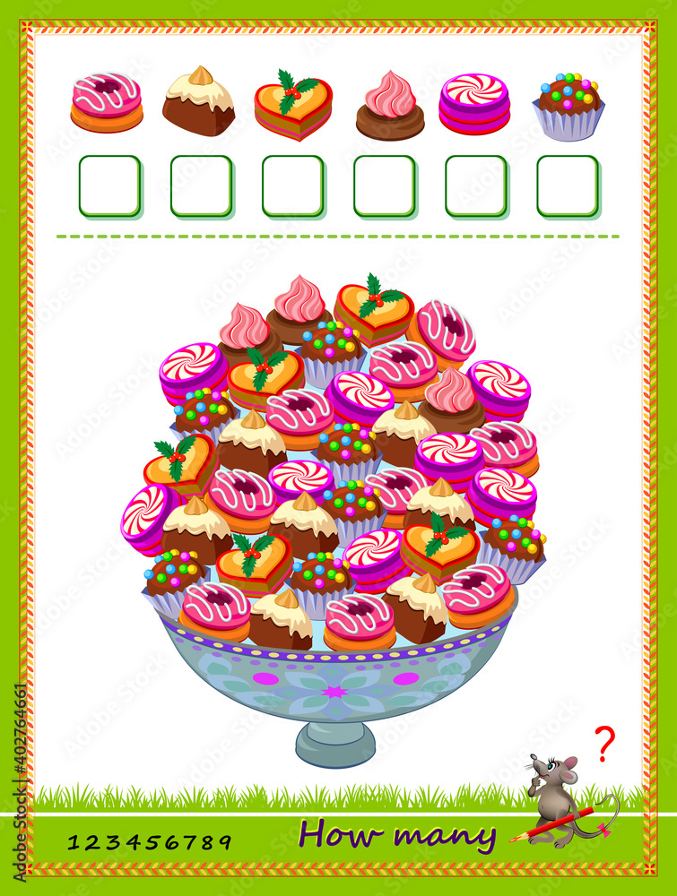 Math education for children. Count the quantity of sweets and write the ...