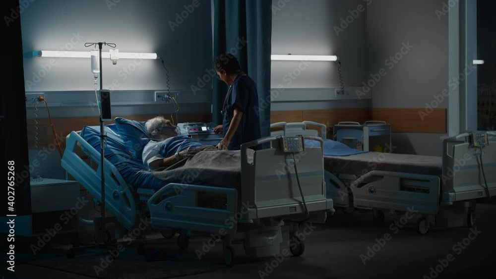 Hospital Ward: Portrait of Elderly Man Wearing Oxygen Mask Resting in ...