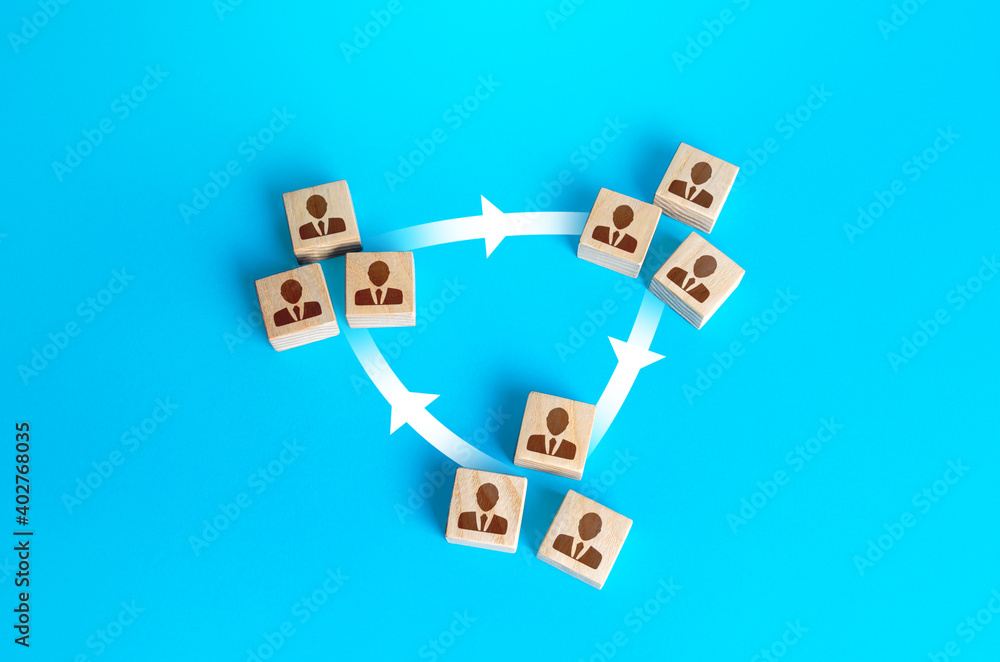 Three groups of people are connected by lines. Interacting and joining ...