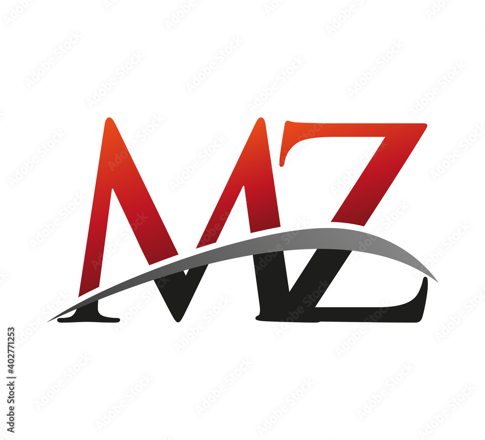 initial letter MZ logotype company name colored red and black swoosh ...