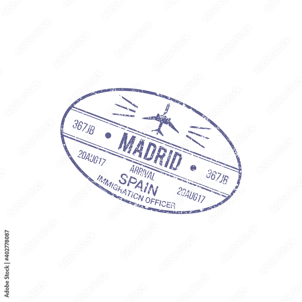 Spain immigration officer visa stamp isolated arrived to Madrid seal ...