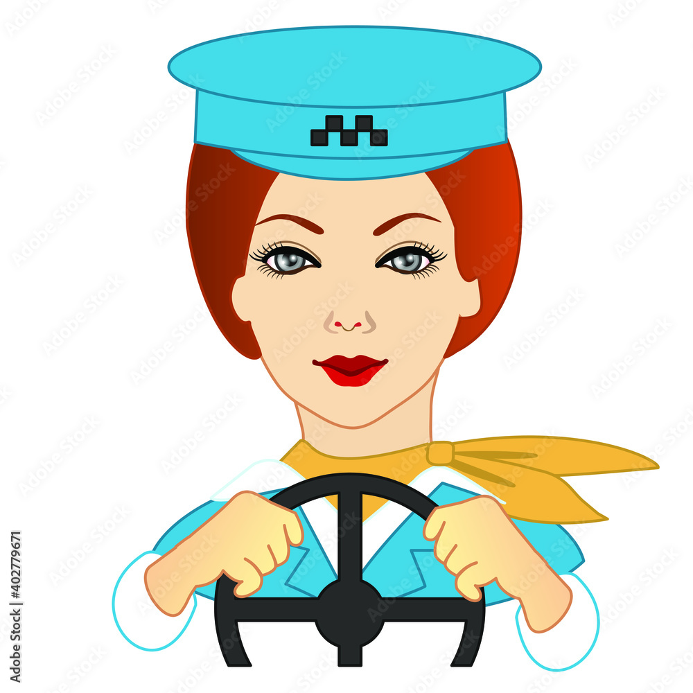 emoji with woman retro taxi driver holding a wheel while driving the ...