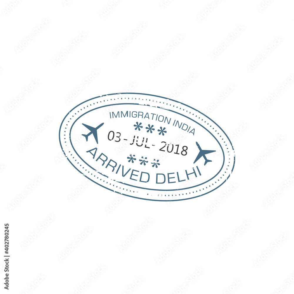 Arrived to Delhi oval stamp in passport isolated grunge seal with date ...