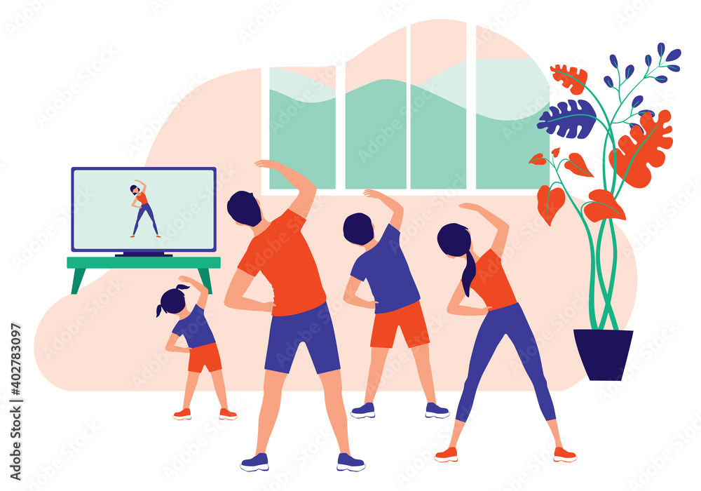 Family Doing Online Exercise Together At Home. Healthy Lifestyle Indoor ...