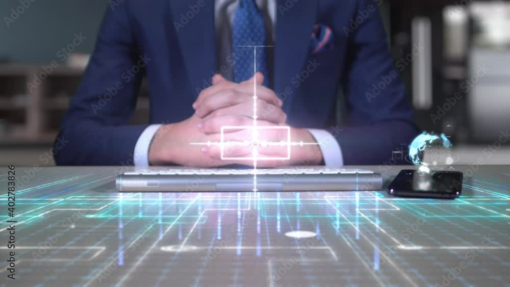 Businessman Writing on Hologram Desk Tech Word- MODERNIZE vídeo do ...