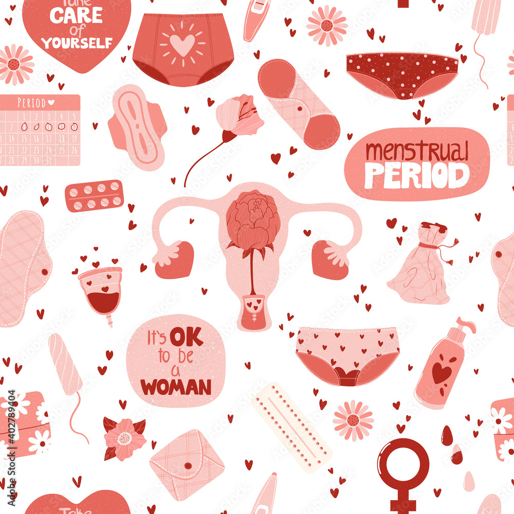 Female menstruation period. Print with female hygiene products ...