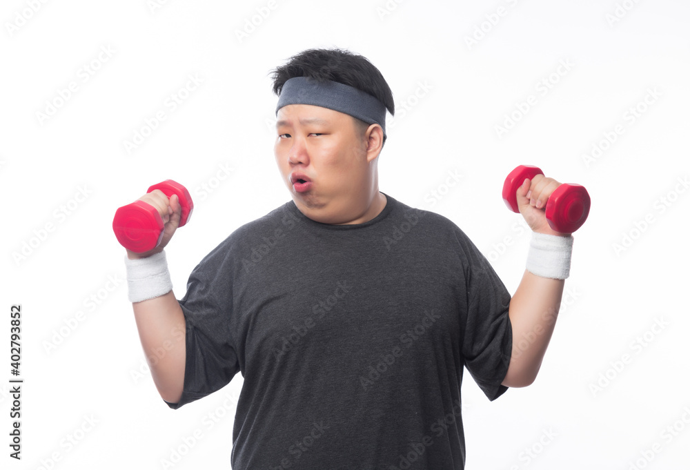 Young Asian funny fat sport man exercise with dumbbell isolated on ...