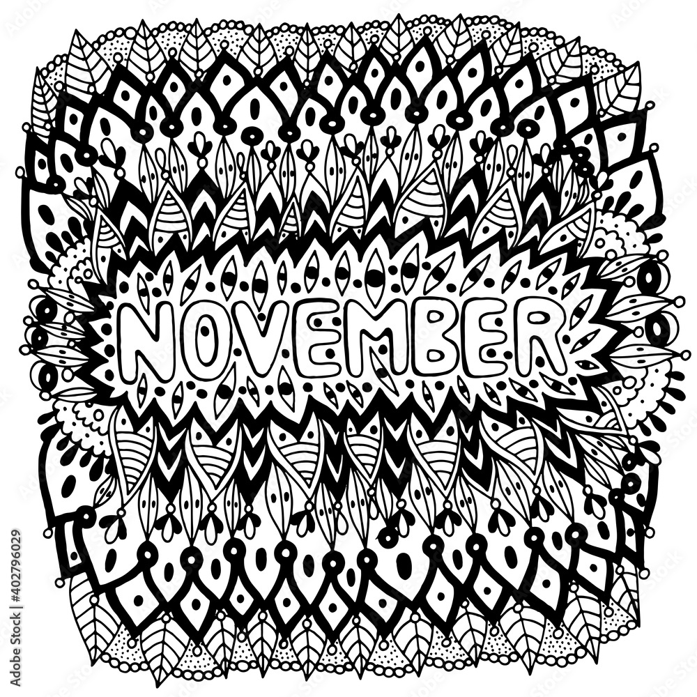 November - coloring page for adults. Mandala with months of the year ...