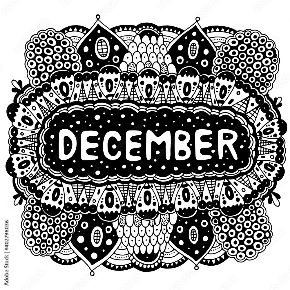 December - coloring page for adults. Mandala with months of the year ...