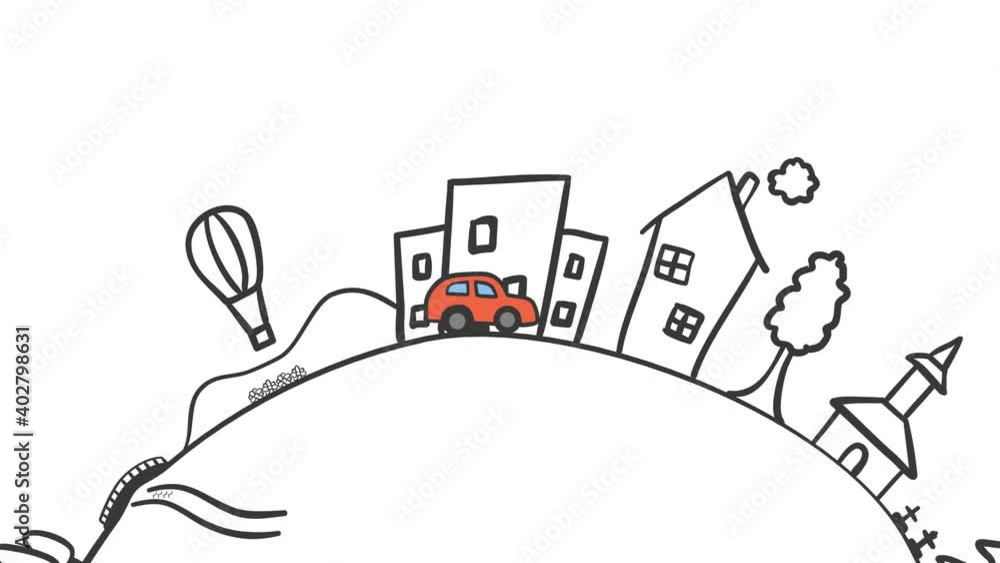 Cartoon car is driving on road around planet Earth. Hand drawn comic ...