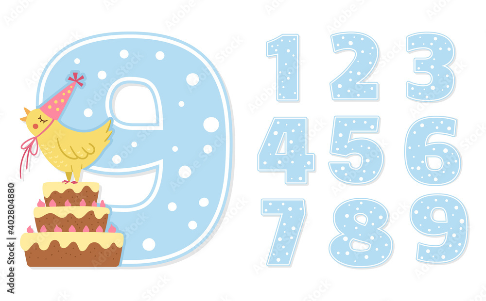 Birthday party numbers set with cute chicken on a cake. Anniversary ...
