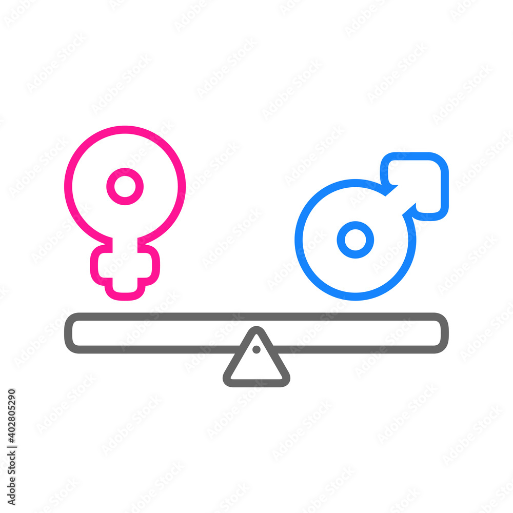 Igualdad de género. Logotipo símbolo femenino y masculino en balanza con lineas en azul y rosa ...