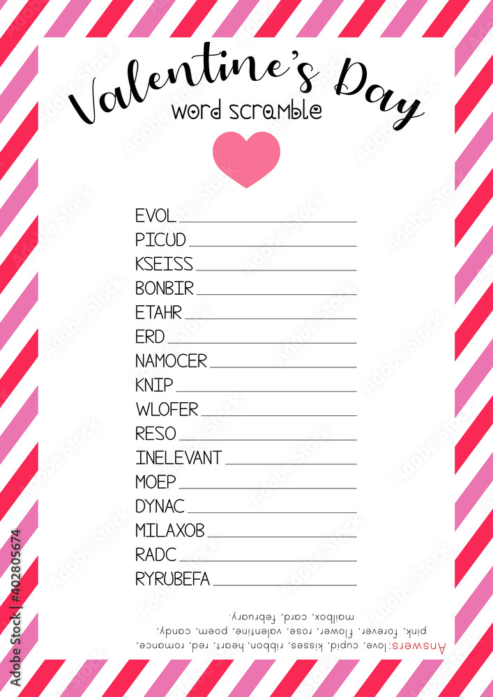 Valentine's Day word scramble. Educational game for children about ...