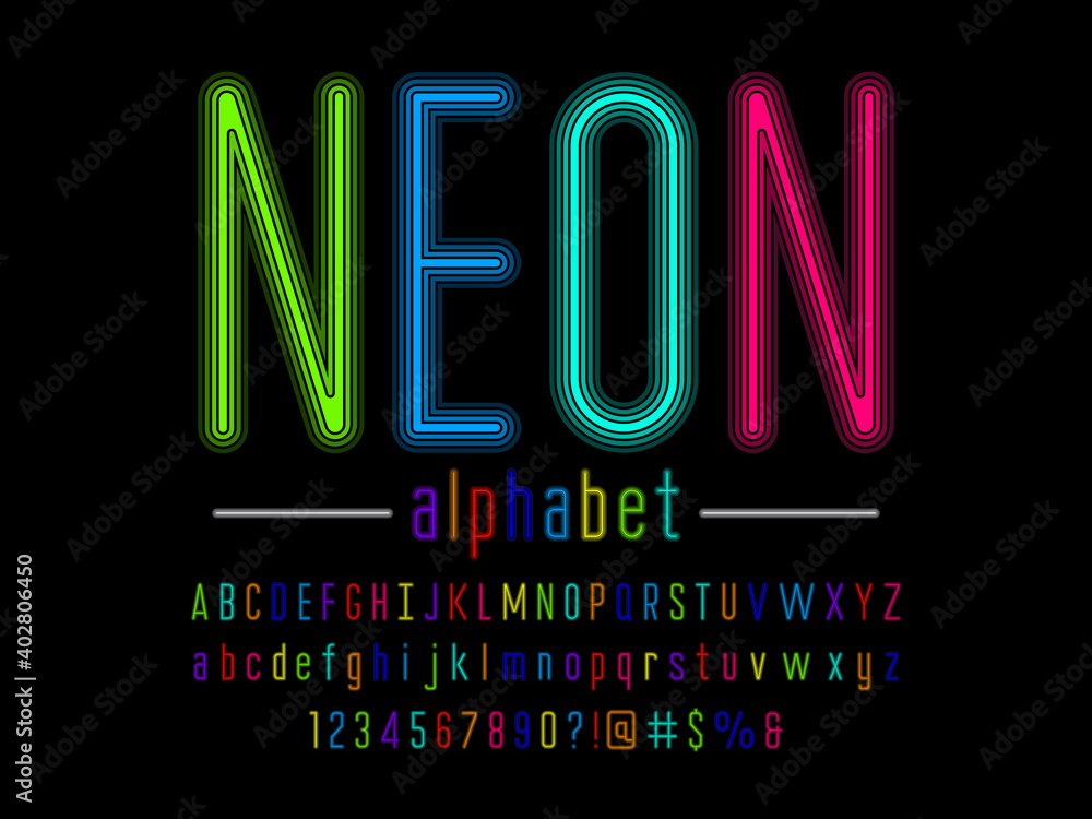 Glowing neon light alphabet design with uppercase, lowercase, numbers ...