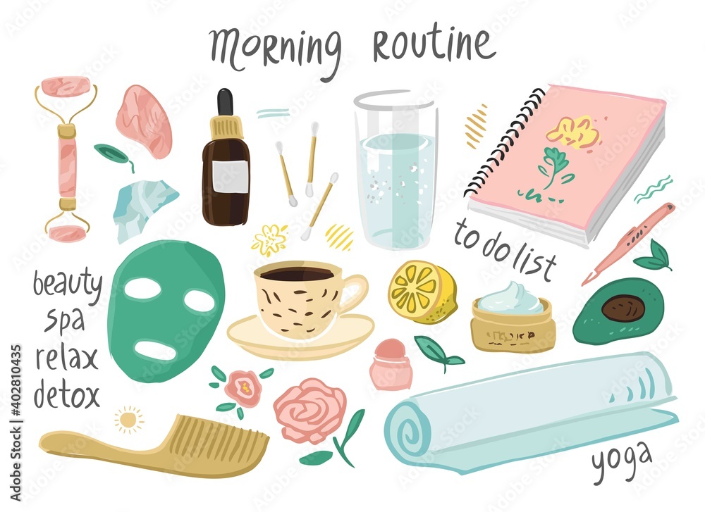 Set of morning routine elements drawn in sketch style isolated on a ...