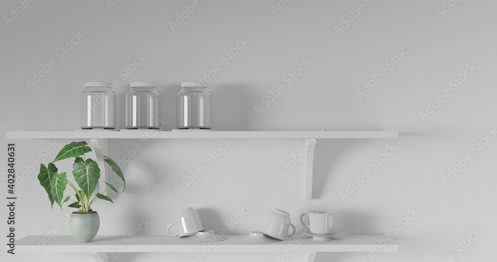 3d render Front view of empty shelf on white table showcase and wall ...