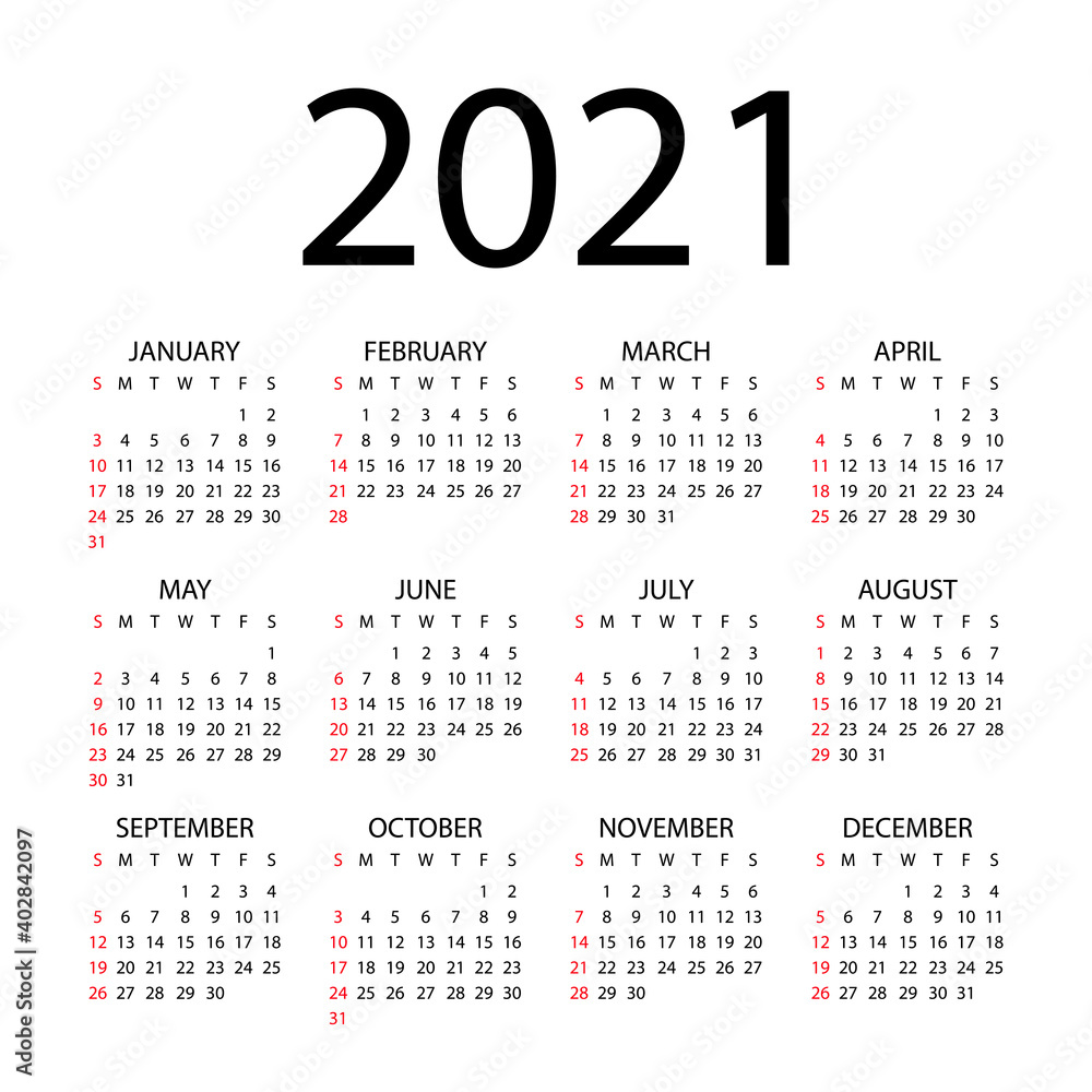2021 Year Calendar. Week starts on Sunday. Simple Template and Mock Up ...
