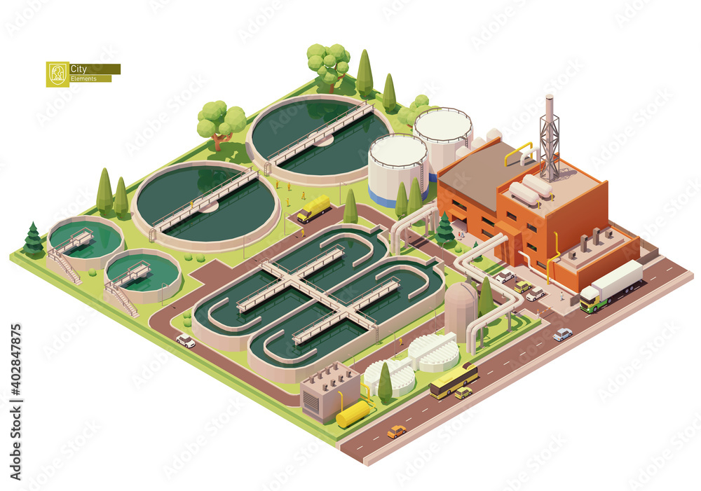 Vector low poly water or sewage treatment plant infrastructure. Water ...