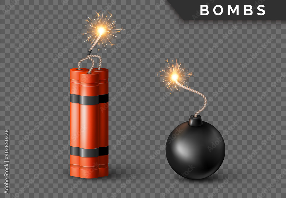 Dynamite Bomb with Burning Wick and black sphere bomb. Military ...
