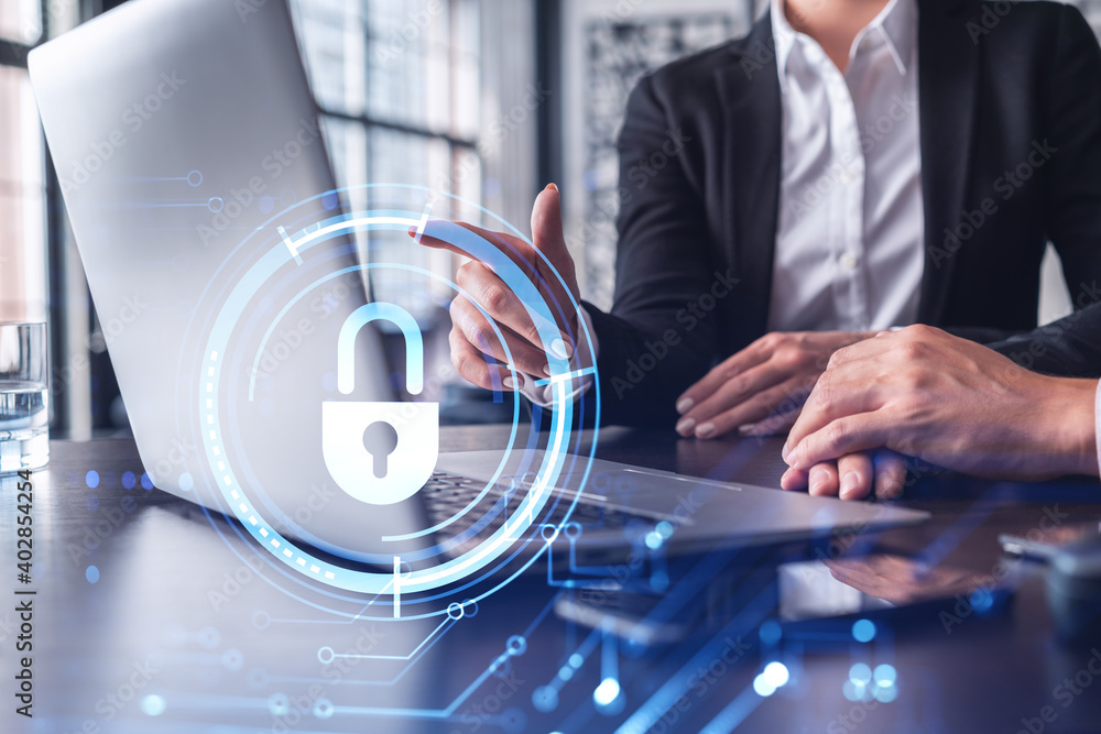 Two business people working on the project to protect cyber security of ...