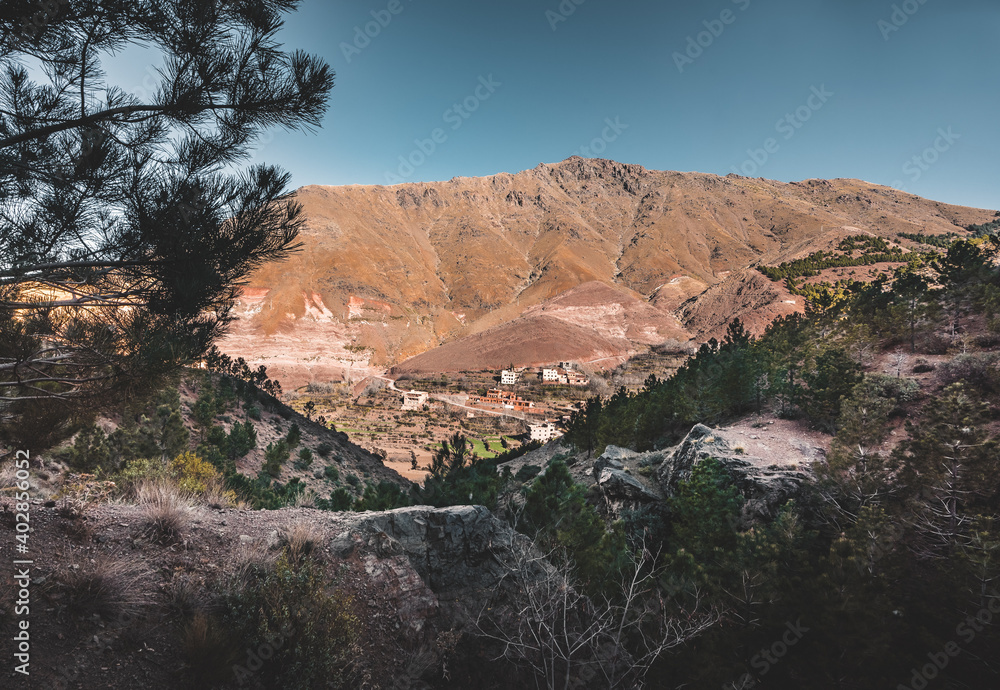 Sunrise in the high Atlas mountains in Morocco near small village of ...