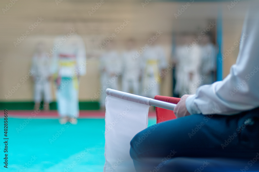 Judge with flags at a karate sports competition. Background image with ...