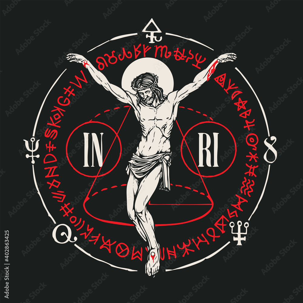 Hand-drawn crucifix of Jesus Christ with alchemical and Masonic symbols ...