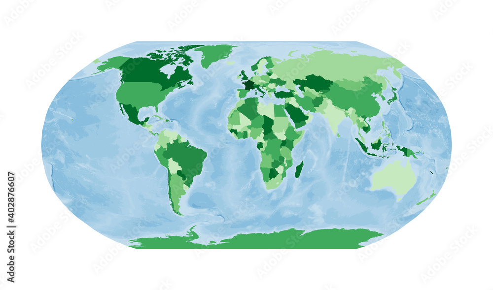 World Map. Robinson projection. World in green colors with blue ocean ...